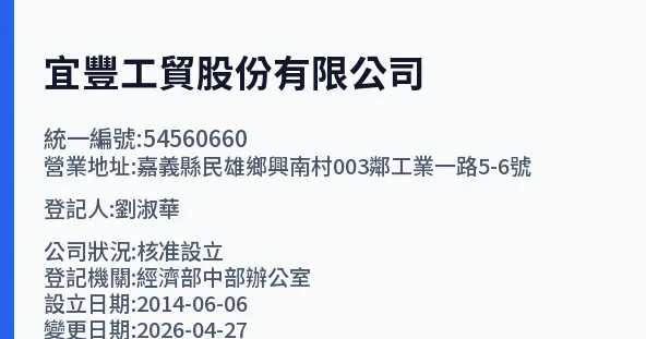 宜豐工貿股份有限公司的照片-統編 54560660(嘉義縣) 公司登記資料與營業項目詳細圖表