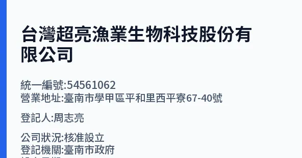 台灣超亮漁業生物科技股份有限公司的照片-統編 54561062(臺南市) 公司登記資料與營業項目詳細圖表