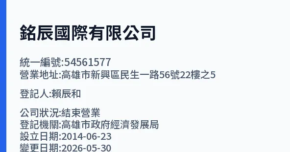 銘辰國際有限公司的照片-統編 54561577(高雄市) 公司登記資料與營業項目詳細圖表