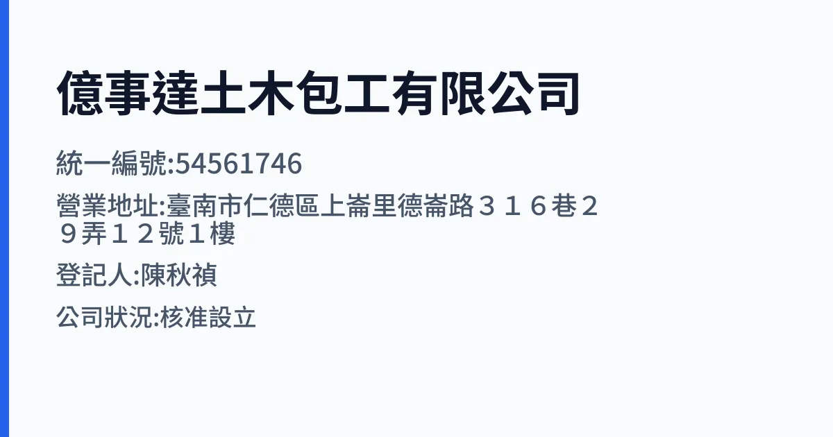億事達土木包工有限公司 - 統編 54561746(臺南市) 公司登記資料與營業項目詳細圖表
