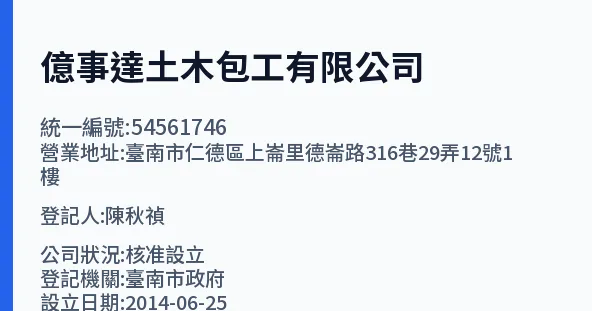 億事達土木包工有限公司的照片-統編 54561746(臺南市) 公司登記資料與營業項目詳細圖表