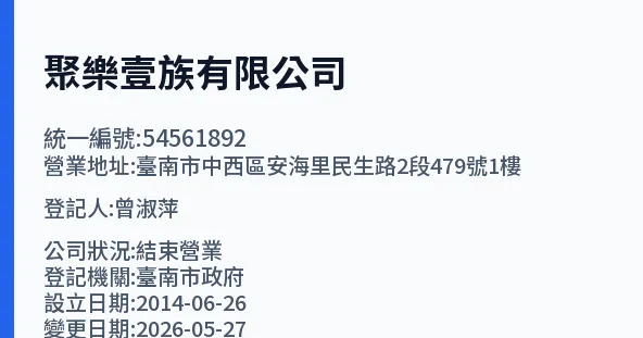 聚樂壹族有限公司的照片-統編 54561892(臺南市) 公司登記資料與營業項目詳細圖表