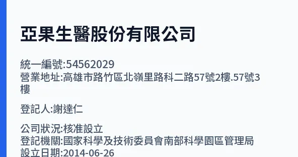 亞果生醫股份有限公司的照片-統編 54562029(高雄市) 公司登記資料與營業項目詳細圖表