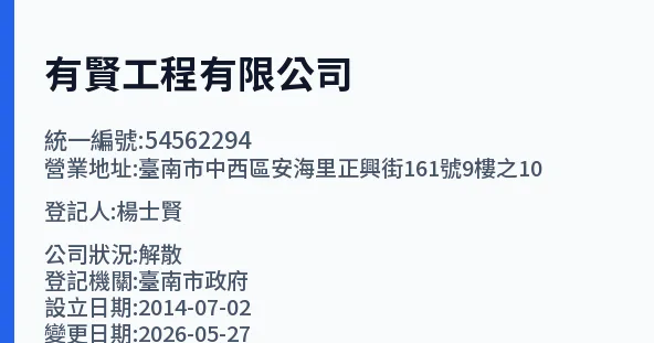 有賢工程有限公司的照片-統編 54562294(臺南市) 公司登記資料與營業項目詳細圖表