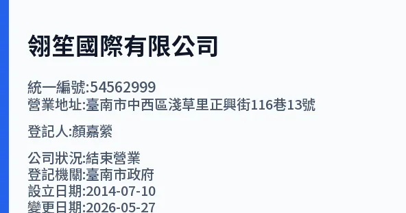 翎笙國際有限公司的照片-統編 54562999(臺南市) 公司登記資料與營業項目詳細圖表