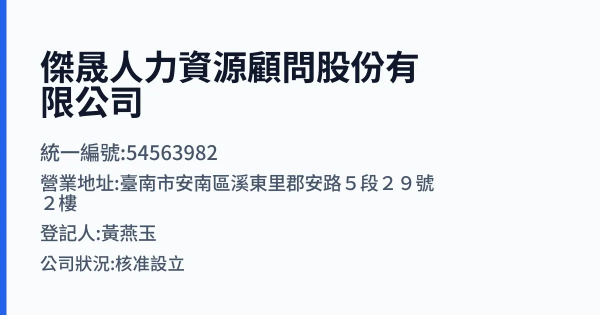 傑晟人力資源顧問股份有限公司 - 統編 54563982(臺南市) 公司登記資料與營業項目詳細圖表