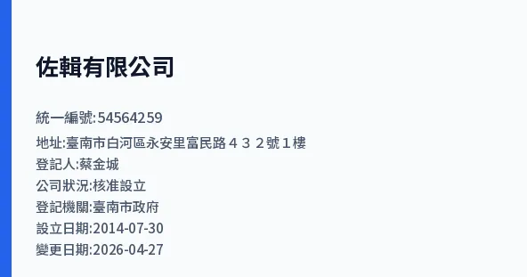 佐輯有限公司的照片-統編 54564259(臺南市) 公司登記資料與營業項目詳細圖表