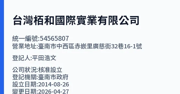 台灣栢和國際實業有限公司的照片-統編 54565807(臺南市) 公司登記資料與營業項目詳細圖表