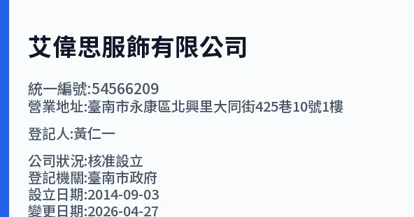 艾偉思服飾有限公司的照片-統編 54566209(臺南市) 公司登記資料與營業項目詳細圖表