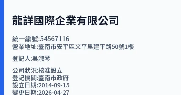 龍詳國際企業有限公司的照片-統編 54567116(臺南市) 公司登記資料與營業項目詳細圖表