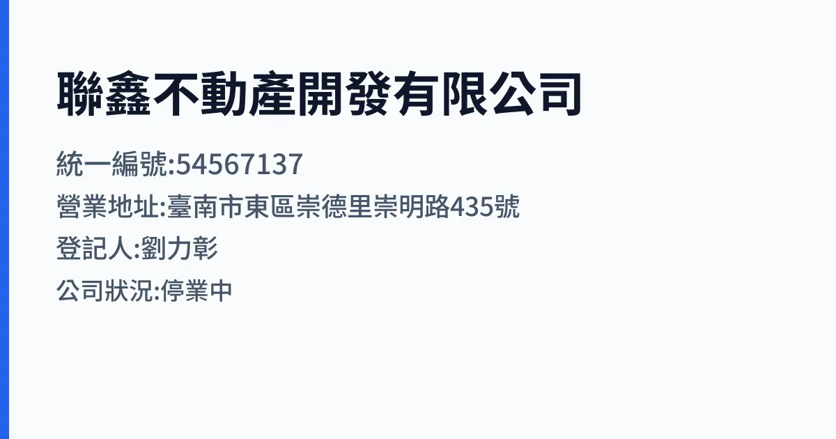 聯鑫不動產開發有限公司 - 統編 54567137(臺南市) 公司登記資料與營業項目詳細圖表