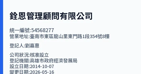 銓恩管理顧問有限公司的照片-統編 54568277(臺南市) 公司登記資料與營業項目詳細圖表