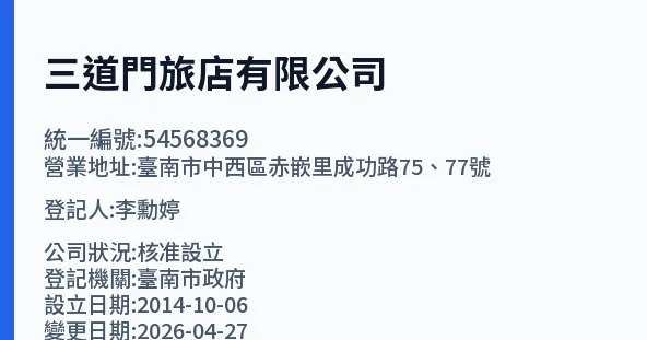 三道門旅店有限公司的照片-統編 54568369(臺南市) 公司登記資料與營業項目詳細圖表