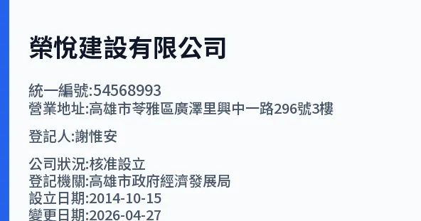 榮悅建設有限公司的照片-統編 54568993(高雄市) 公司登記資料與營業項目詳細圖表
