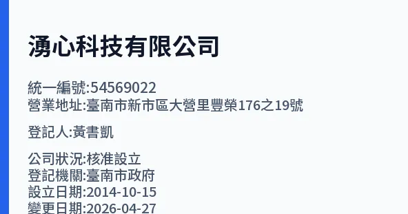 湧心科技有限公司的照片-統編 54569022(臺南市) 公司登記資料與營業項目詳細圖表