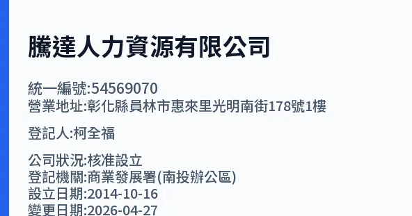 騰達人力資源有限公司的照片-統編 54569070(彰化縣) 公司登記資料與營業項目詳細圖表