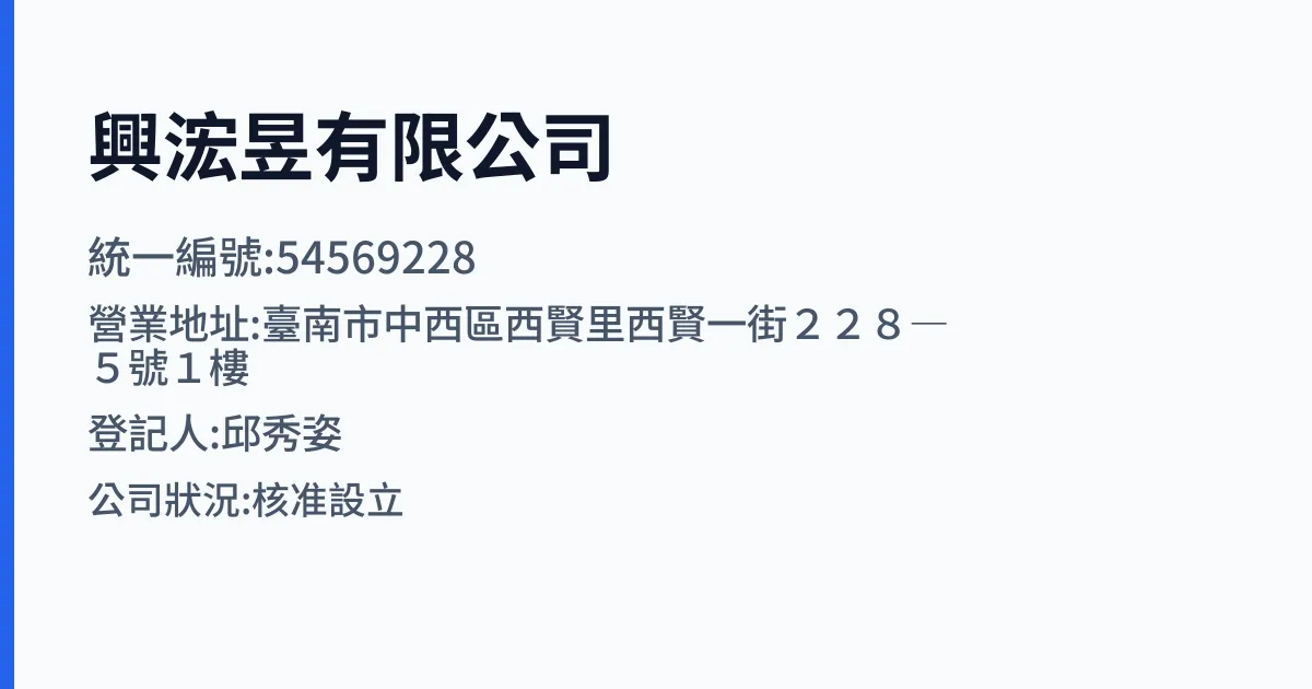 興浤昱有限公司 - 統編 54569228(臺南市) 公司登記資料與營業項目詳細圖表