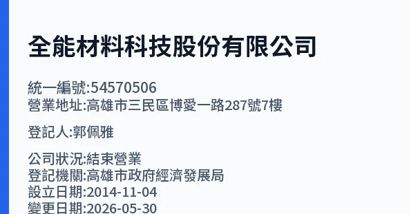 全能材料科技股份有限公司的照片-統編 54570506(高雄市) 公司登記資料與營業項目詳細圖表