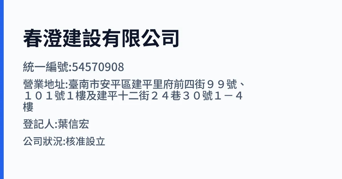 春澄建設有限公司 - 統編 54570908(臺南市) 公司登記資料與營業項目詳細圖表