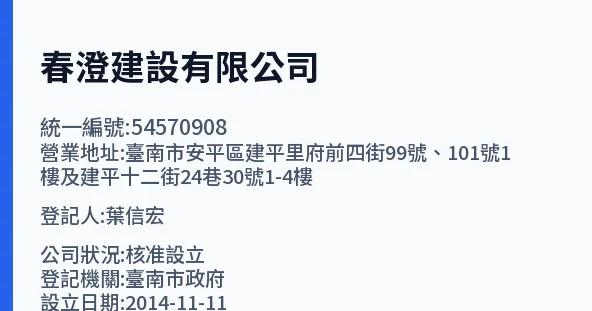 春澄建設有限公司的照片-統編 54570908(臺南市) 公司登記資料與營業項目詳細圖表