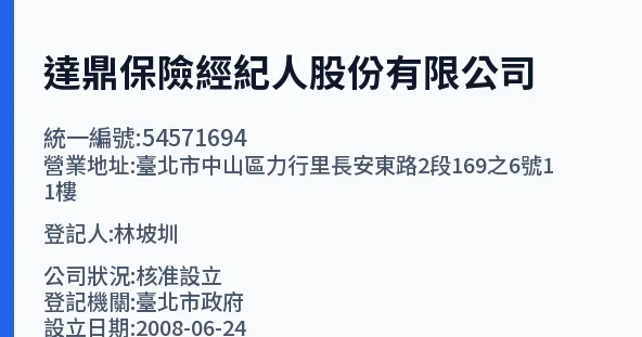 達鼎保險經紀人股份有限公司的照片-統編 54571694(臺北市) 公司登記資料與營業項目詳細圖表