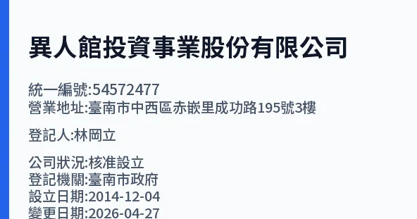 異人館投資事業股份有限公司的照片-統編 54572477(臺南市) 公司登記資料與營業項目詳細圖表