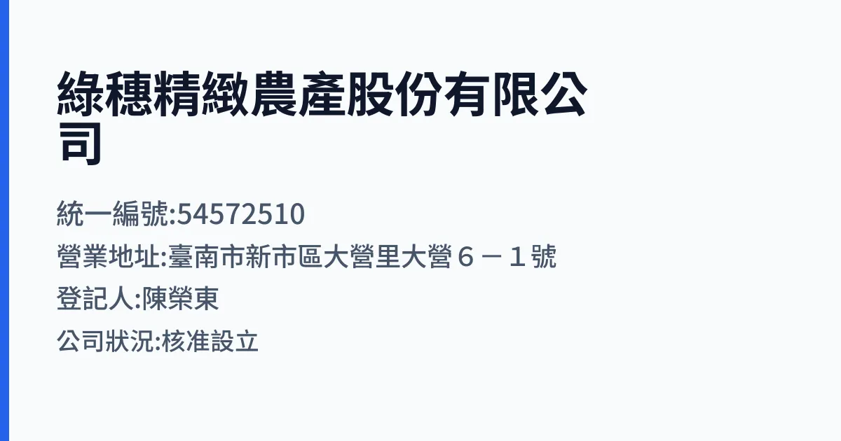 綠穗精緻農產股份有限公司 - 統編 54572510(臺南市) 公司登記資料與營業項目詳細圖表