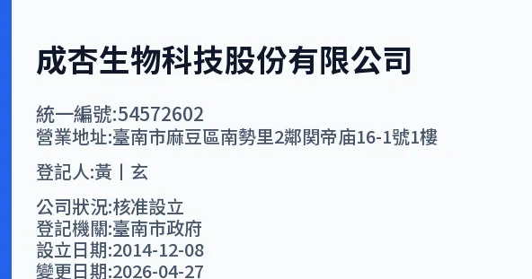 成杏生物科技股份有限公司的照片-統編 54572602(臺南市) 公司登記資料與營業項目詳細圖表