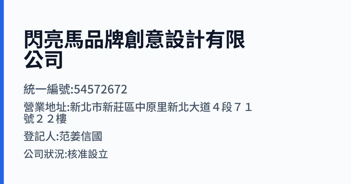 閃亮馬品牌創意設計有限公司 - 統編 54572672(新北市) 公司登記資料與營業項目詳細圖表
