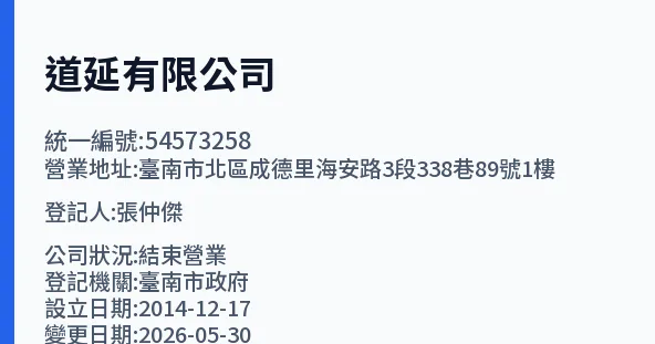 道延有限公司的照片-統編 54573258(臺南市) 公司登記資料與營業項目詳細圖表