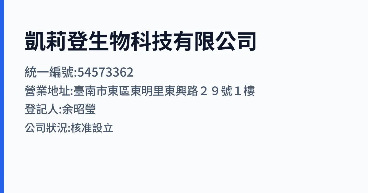 凱莉登生物科技有限公司 - 統編 54573362(臺南市) 公司登記資料與營業項目詳細圖表