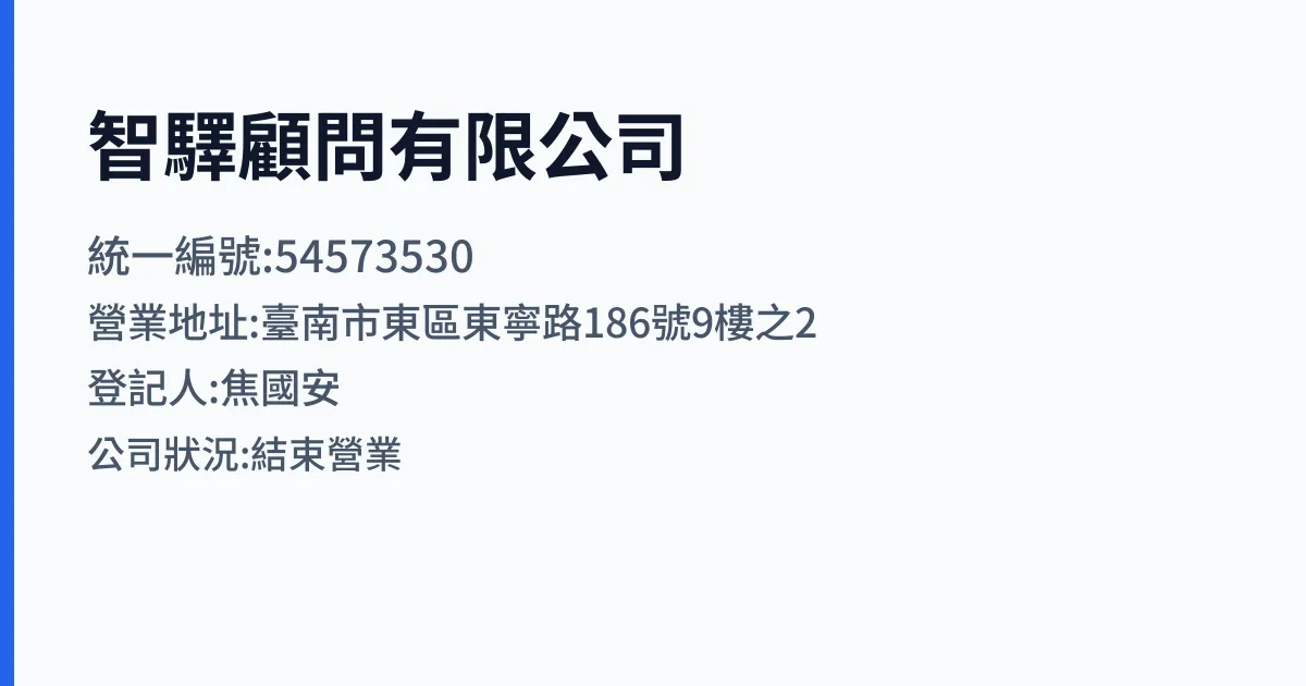 智驛顧問有限公司 - 統編 54573530(臺南市) 公司登記資料與營業項目詳細圖表