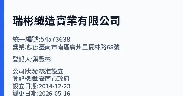 瑞彬織造實業有限公司的照片-統編 54573638(臺南市) 公司登記資料與營業項目詳細圖表