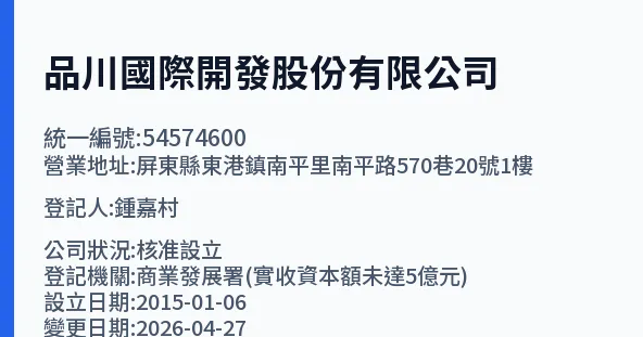 品川國際開發股份有限公司的照片-統編 54574600(屏東縣) 公司登記資料與營業項目詳細圖表