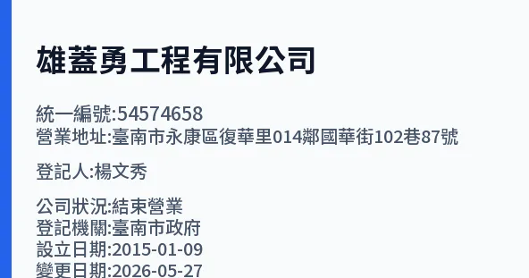 雄蓋勇工程有限公司的照片-統編 54574658(臺南市) 公司登記資料與營業項目詳細圖表