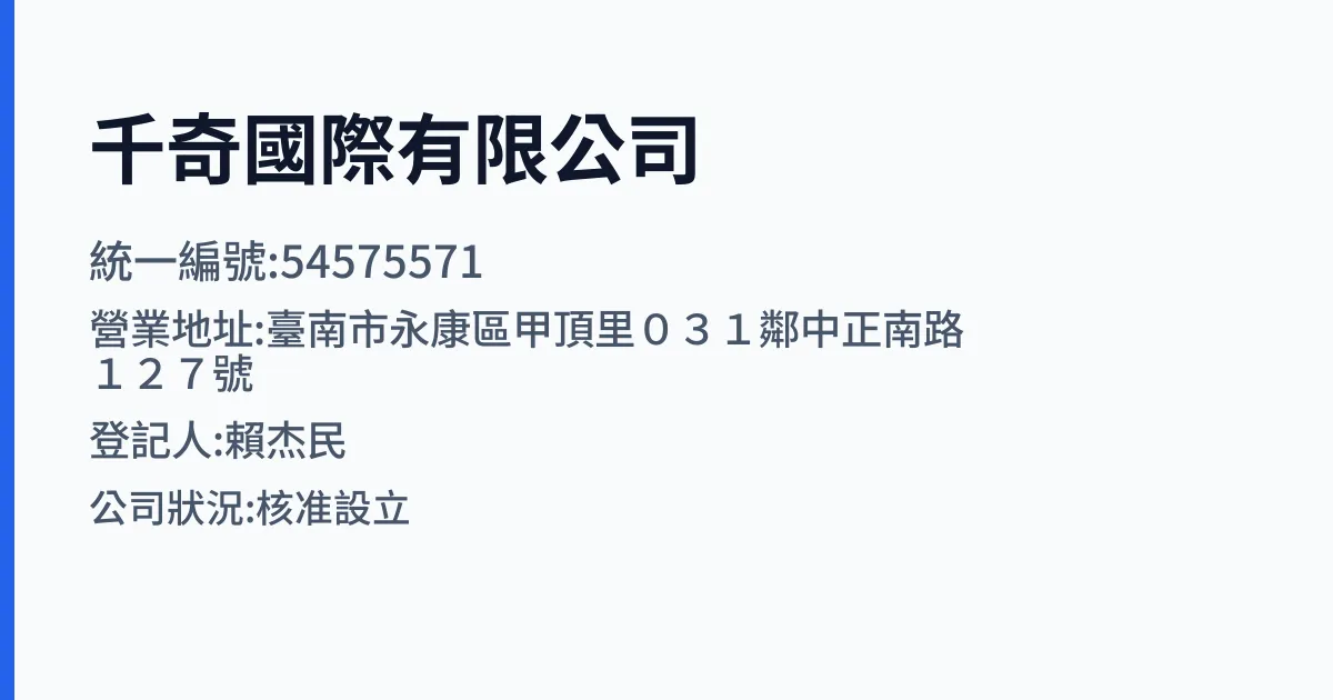 千奇國際有限公司 - 統編 54575571(臺南市) 公司登記資料與營業項目詳細圖表