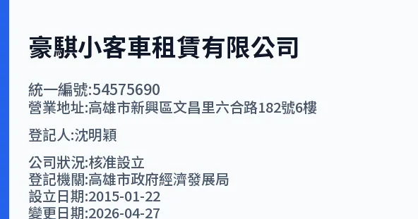 豪騏小客車租賃有限公司的照片-統編 54575690(高雄市) 公司登記資料與營業項目詳細圖表