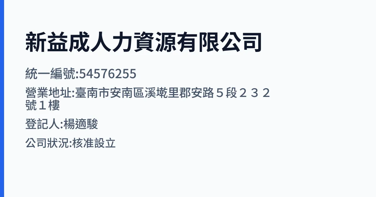 新益成人力資源有限公司 - 統編 54576255（臺南市） 公司登記資料與營業項目詳細圖表