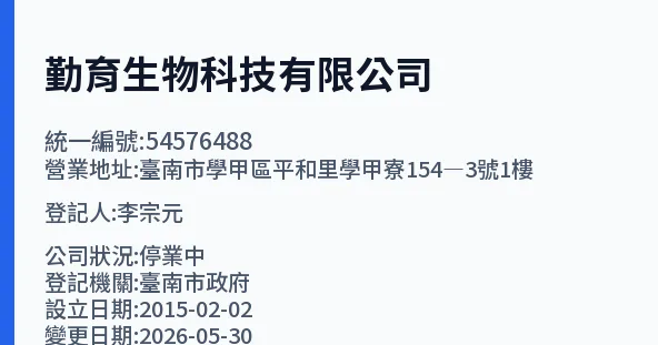 勤育生物科技有限公司的照片-統編 54576488(臺南市) 公司登記資料與營業項目詳細圖表