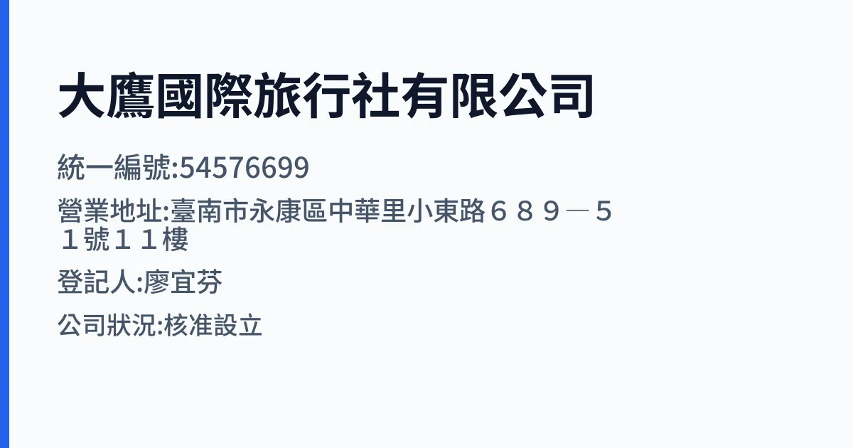 大鷹國際旅行社有限公司 - 統編 54576699(臺南市) 公司登記資料與營業項目詳細圖表