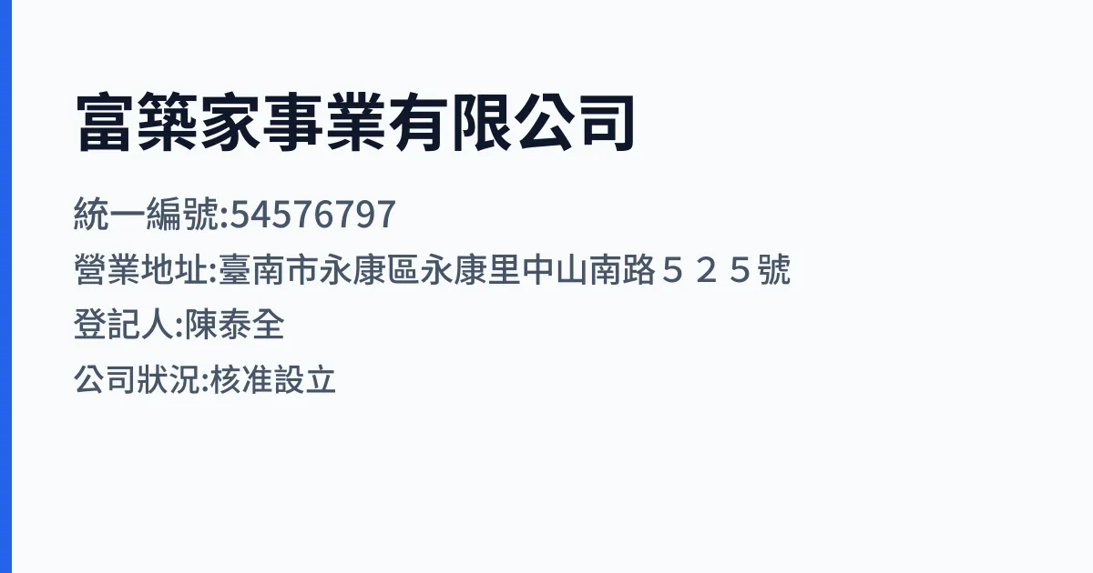 富築家事業有限公司 - 統編 54576797(臺南市) 公司登記資料與營業項目詳細圖表