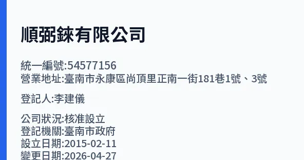 順弼錸有限公司的照片-統編 54577156(臺南市) 公司登記資料與營業項目詳細圖表