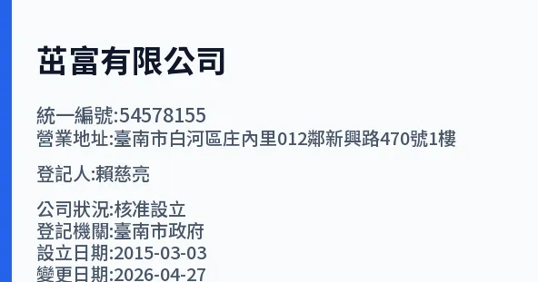 茁富有限公司的照片-統編 54578155(臺南市) 公司登記資料與營業項目詳細圖表