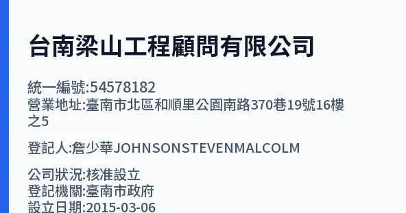 台南梁山工程顧問有限公司的照片-統編 54578182(臺南市) 公司登記資料與營業項目詳細圖表