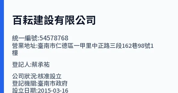 百耘建設有限公司的照片-統編 54578768(臺南市) 公司登記資料與營業項目詳細圖表