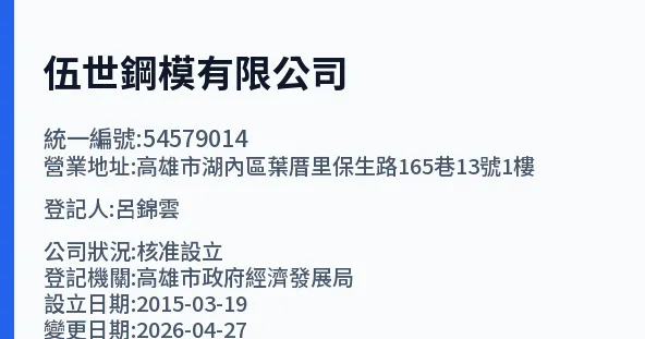 伍世鋼模有限公司的照片-統編 54579014(高雄市) 公司登記資料與營業項目詳細圖表