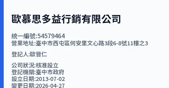 歐慕思多益行銷有限公司的照片-統編 54579464(臺中市) 公司登記資料與營業項目詳細圖表