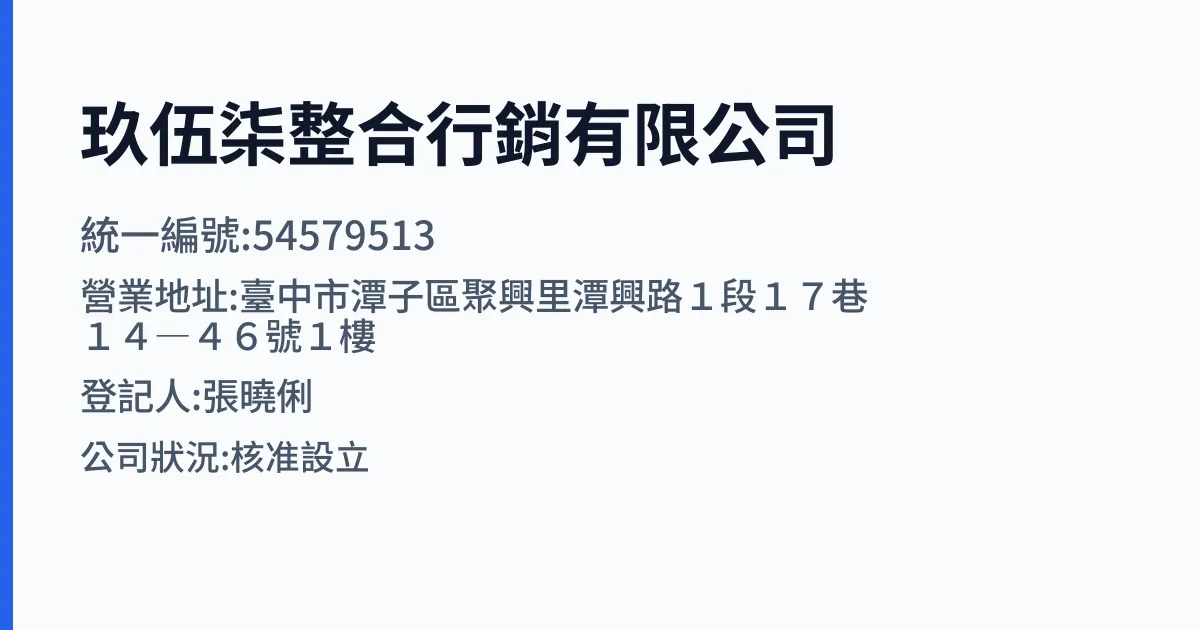 玖伍柒整合行銷有限公司 - 統編 54579513(臺中市) 公司登記資料與營業項目詳細圖表