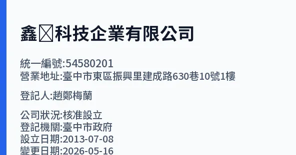 鑫崈科技企業有限公司的照片-統編 54580201(臺中市) 公司登記資料與營業項目詳細圖表