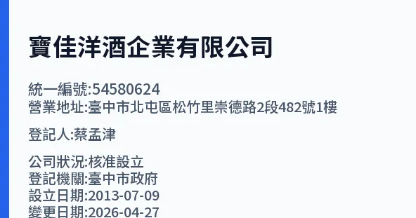寶佳洋酒企業有限公司的照片-統編 54580624(臺中市) 公司登記資料與營業項目詳細圖表